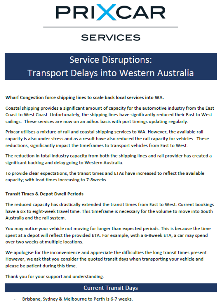 Service Disruptions | Prixcar Services